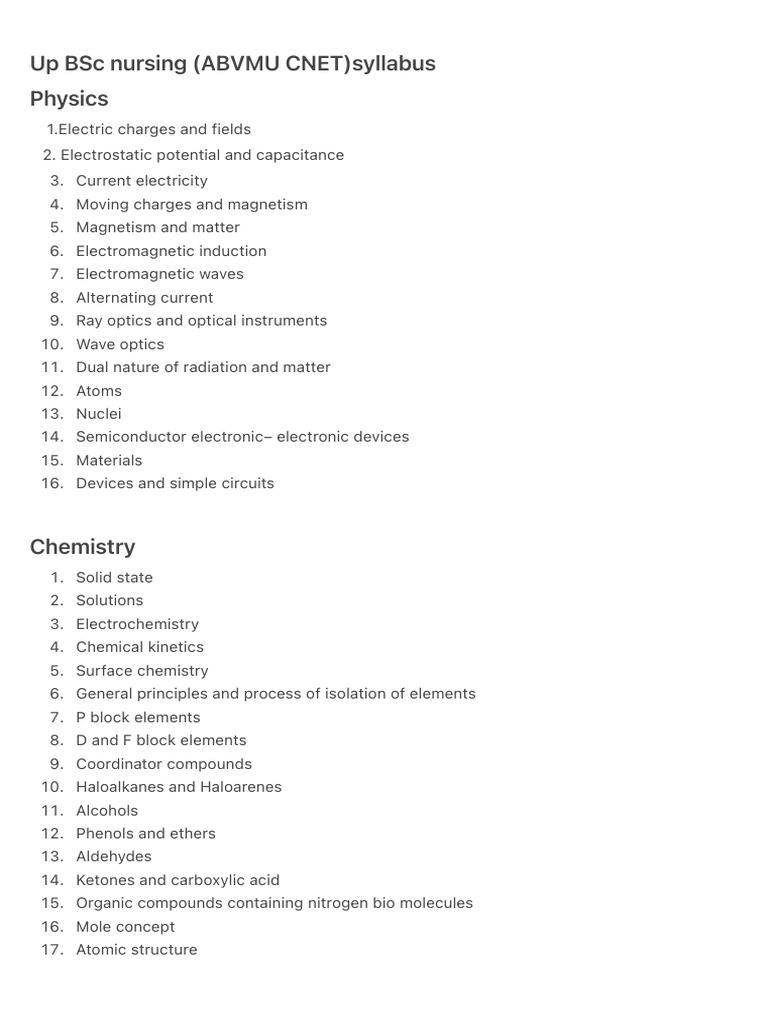 Up BSC Nursing (ABVMU CNET) Syllabus | PDF | Chemistry | Electric Current
