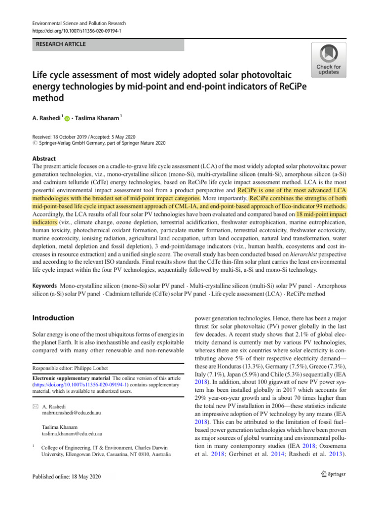 01 Rashedi 2020 | PDF | Life Cycle Assessment | Photovoltaics