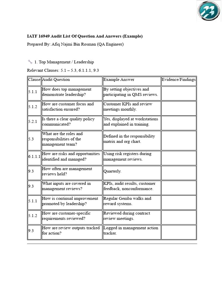 IATF 16949 Audit List of Question and Answers | PDF | Audit | Internal ...