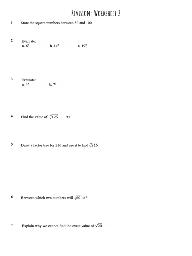 Revision Worksheet 2 - Square, Cube Roots, Factor Trees | PDF