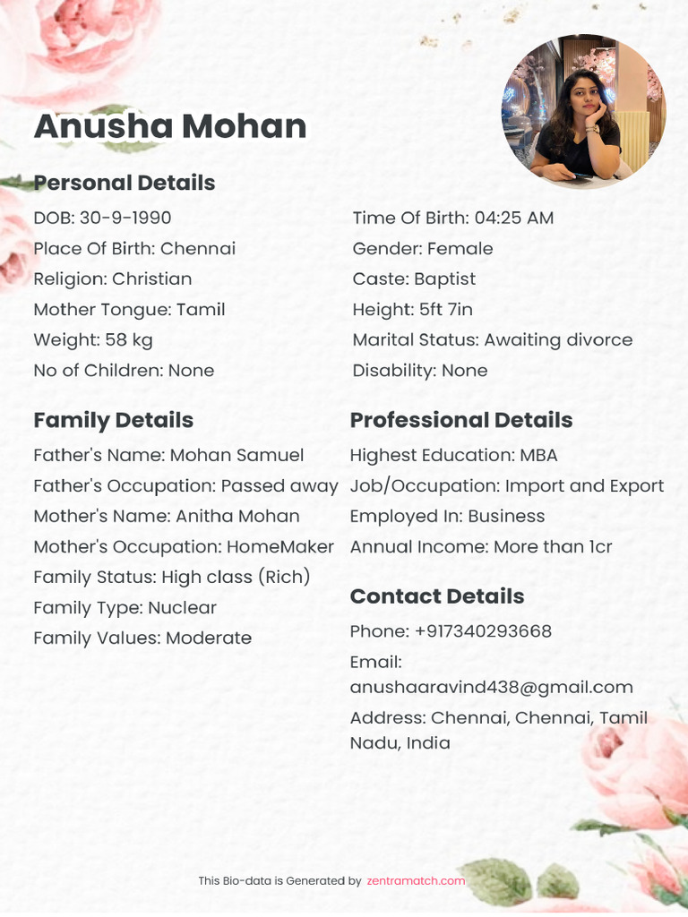 Anusha Mohan Biodata by Zentramatch | PDF