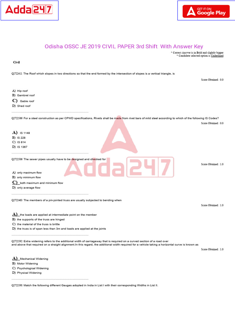 Odisha OSSC JE 2019 CIVIL PAPER 3rd Shift With Answer Key | PDF ...