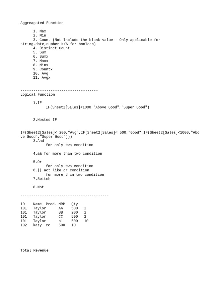 PowerBI D9 DAX Logical, Aggregated, Functions | PDF