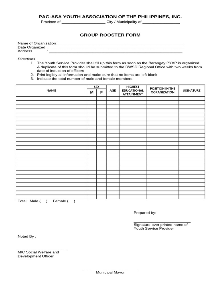 PYAP Group Rooster Submission Form | PDF