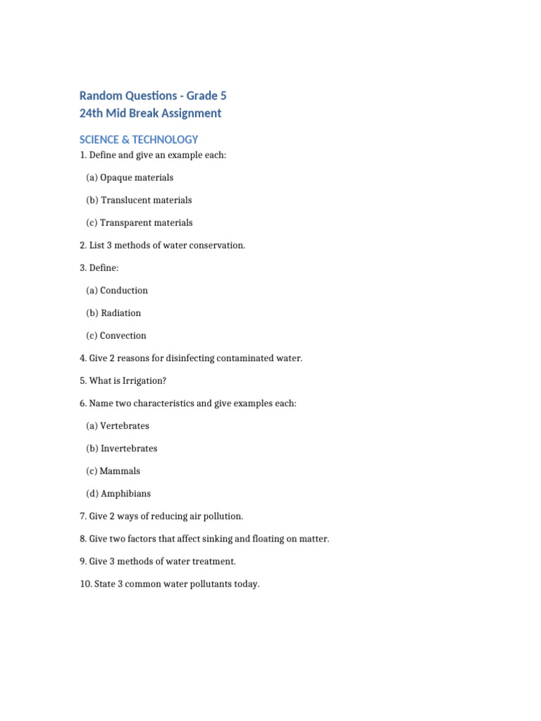 Grade 5 Mid Break Assignment | PDF