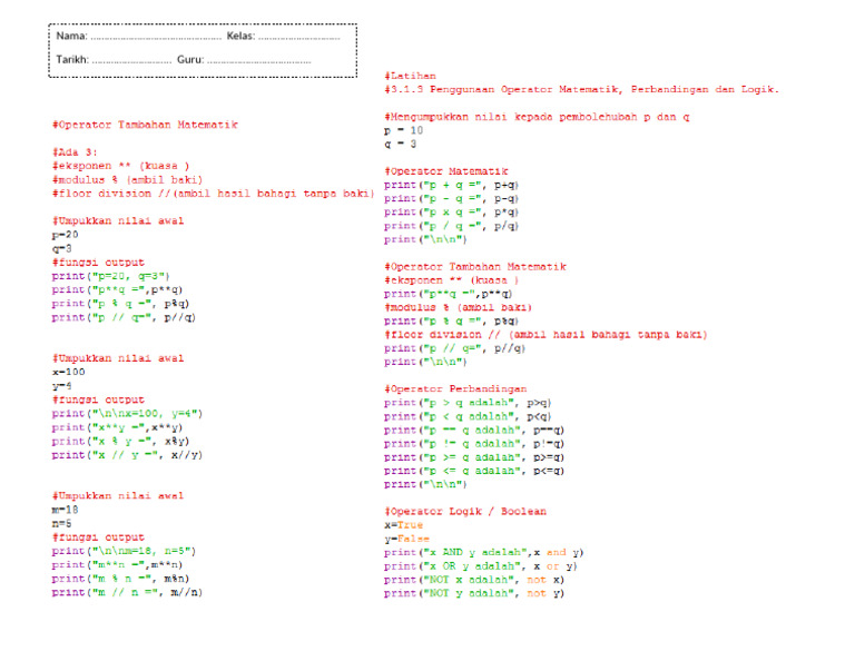 Latihan Python Operator Tambahan Matematik Python | PDF