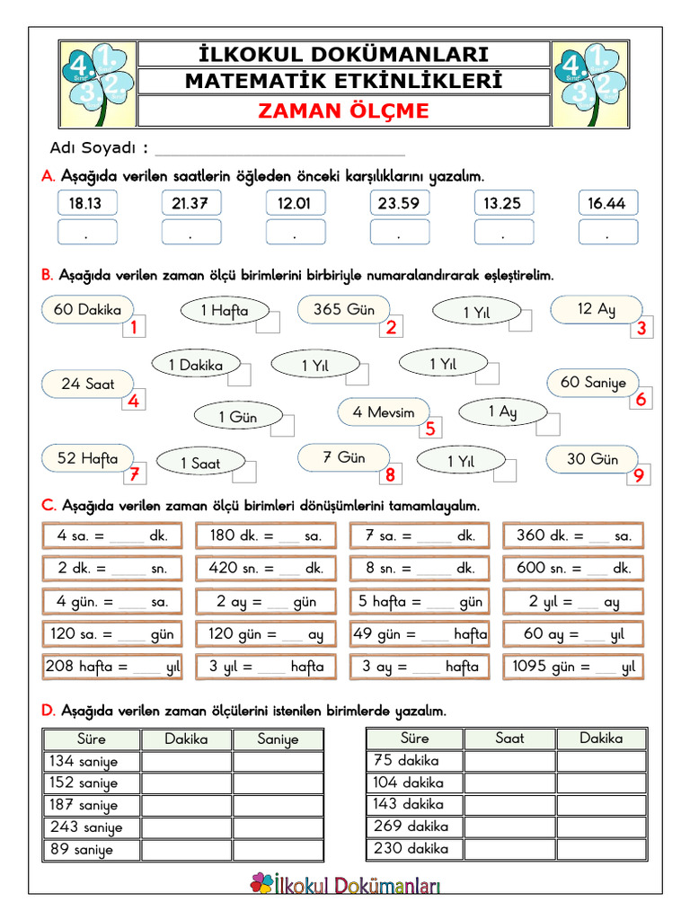 4 Sinif Zaman Olcme Etkinlik | PDF