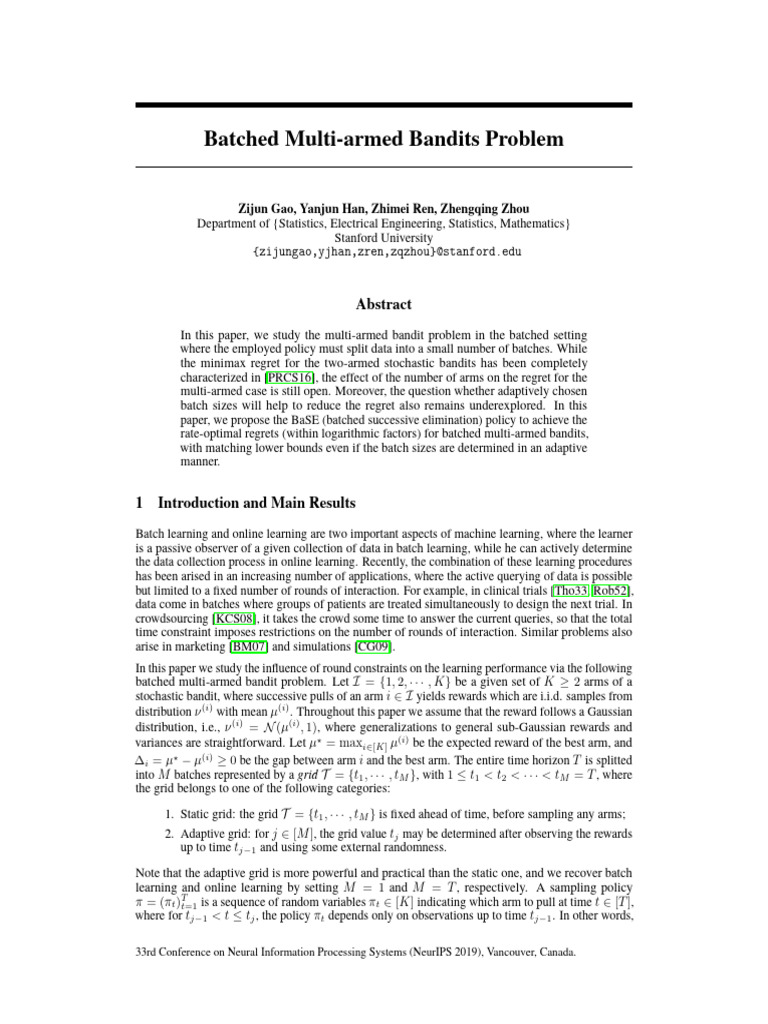 Batched Multi-Armed Bandits Analysis | PDF | Mathematics | Applied ...