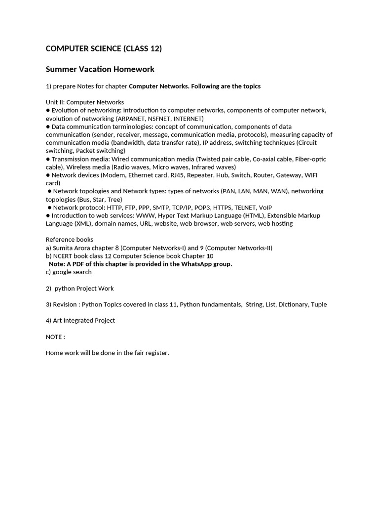 Summer Vacations Homework Class 12 Cs-2025-26 | PDF