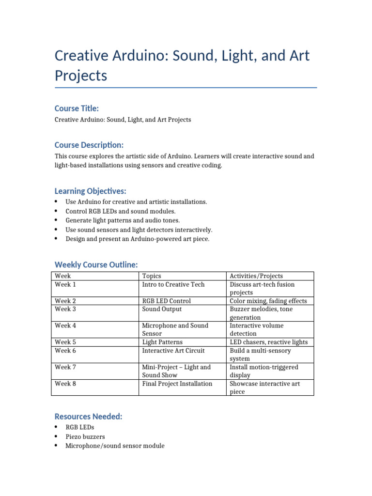 Arduino Syllabus 5 Creative Sound Light Art | PDF
