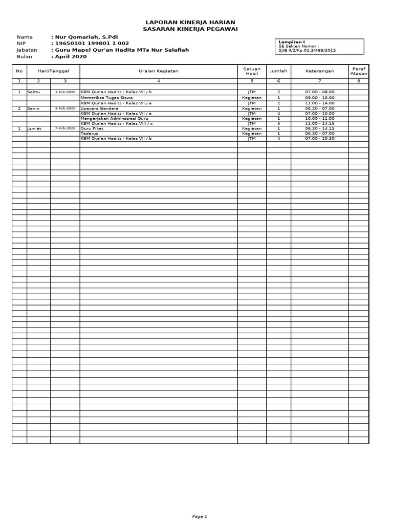 3 - Contoh Format Laporan Capaian Kinerja Bulanan Dan Jurnal Harian Guru Bulan | PDF
