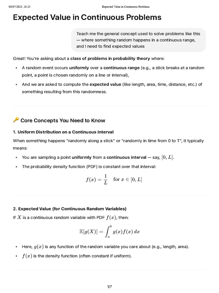 Expected Value in Continuous Problems | PDF | Expected Value | Probability Density Function