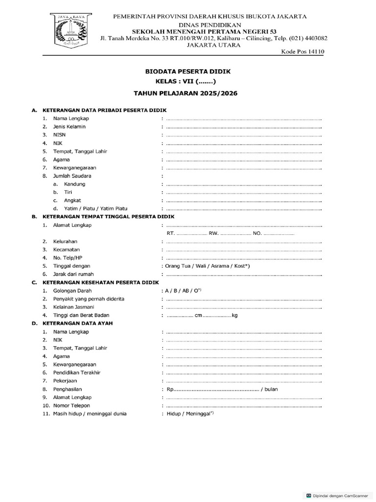 Form Biodata Kelas 7 53 2025-2026 | PDF
