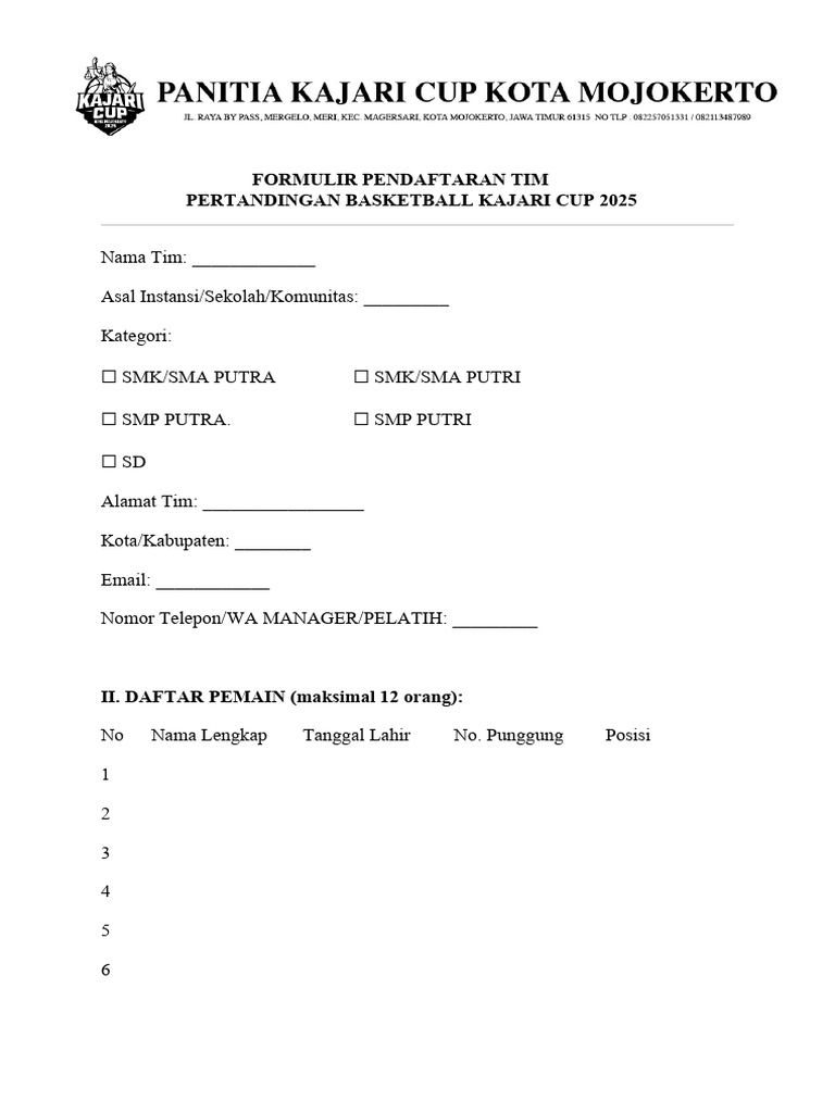 Formulir Pendaftaran Tim Rev 2 | PDF