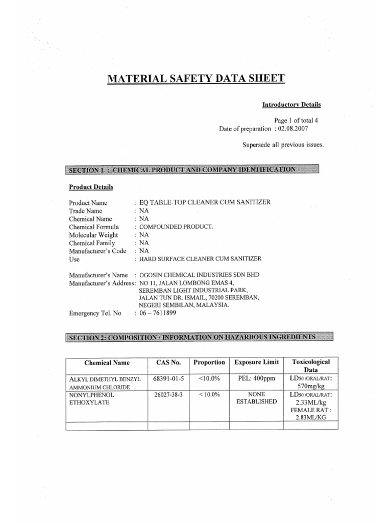 MSDS (Table Top Sanitizer) | PDF