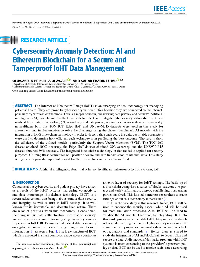 Cybersecurity Anomaly Detection AI and Ethereum Blockchain For A Secure and Tamperproof IoHT ...