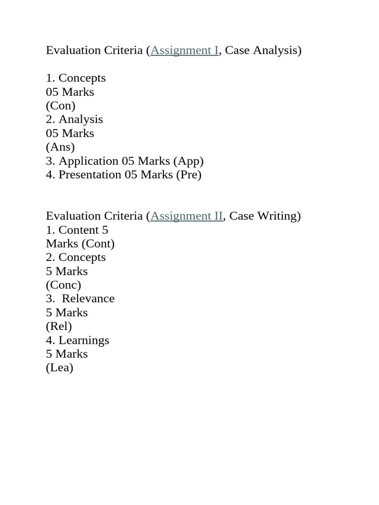 Assignment I II Evaluation Criteria | PDF