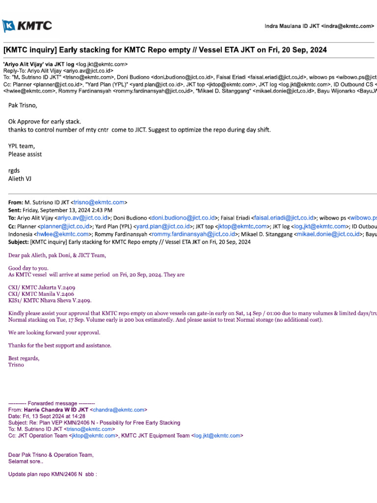 Approval Early Stacking Repo Mty KMTC Manila, KMTC Jakarta & KMTC NHAVA SHEVA | PDF