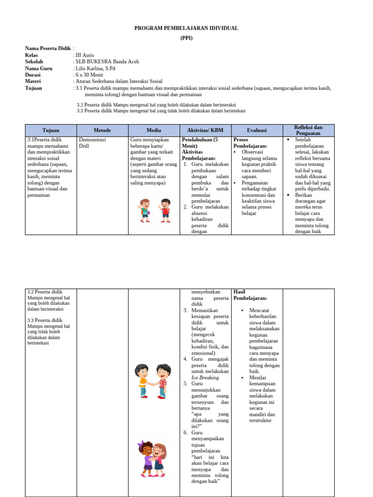 Program Pembelajaran Idividual - Lilis | PDF