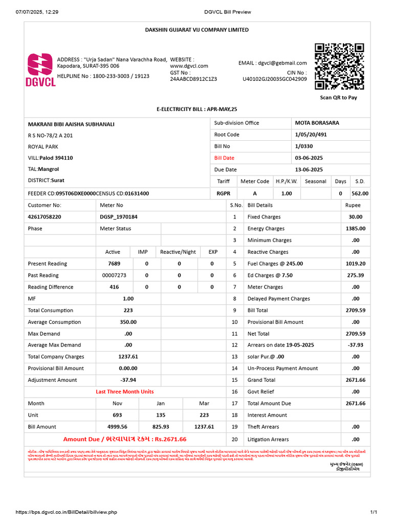 MAKRANI BIBI AAISHA SUBHANALI DGVCL Bill Preview | PDF