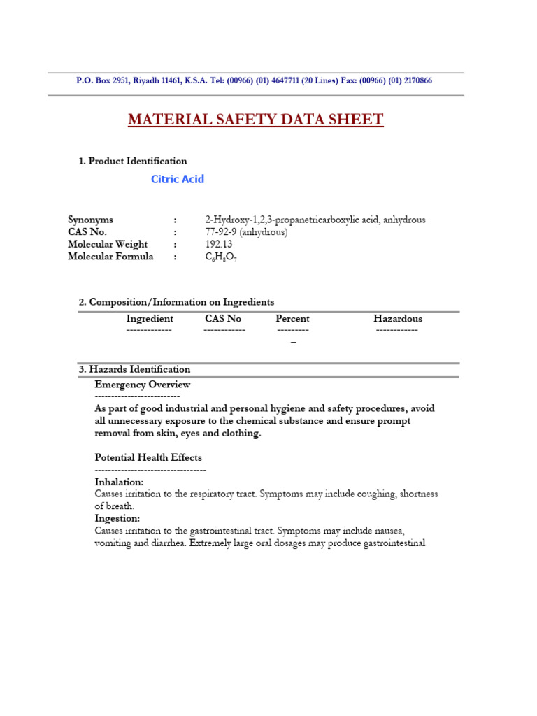 Citric Acid - MSDS | PDF | Water | Respiratory System