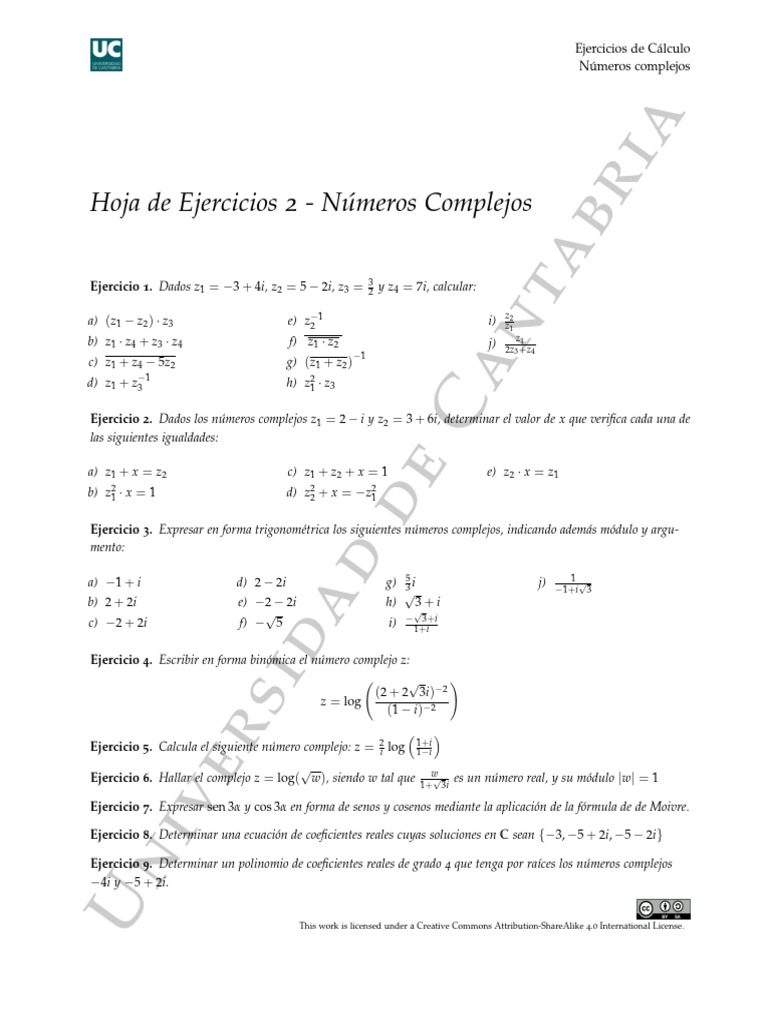 Hoja2 Numeros Complejos | PDF | Raíz cuadrada | Funciones trigonométricas