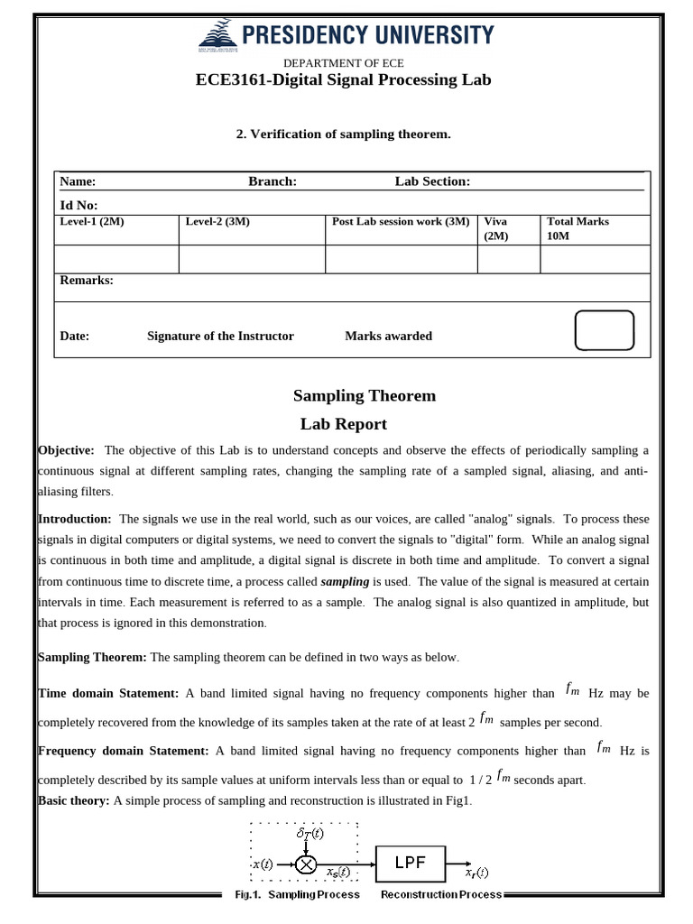 Faculty Exp 2 Ece3161 DSP | PDF | Sampling (Signal Processing) | Spectral Density