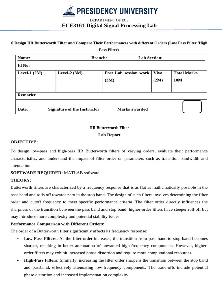 IIR Butterworth Filter Design Lab | PDF | Filter (Signal Processing ...
