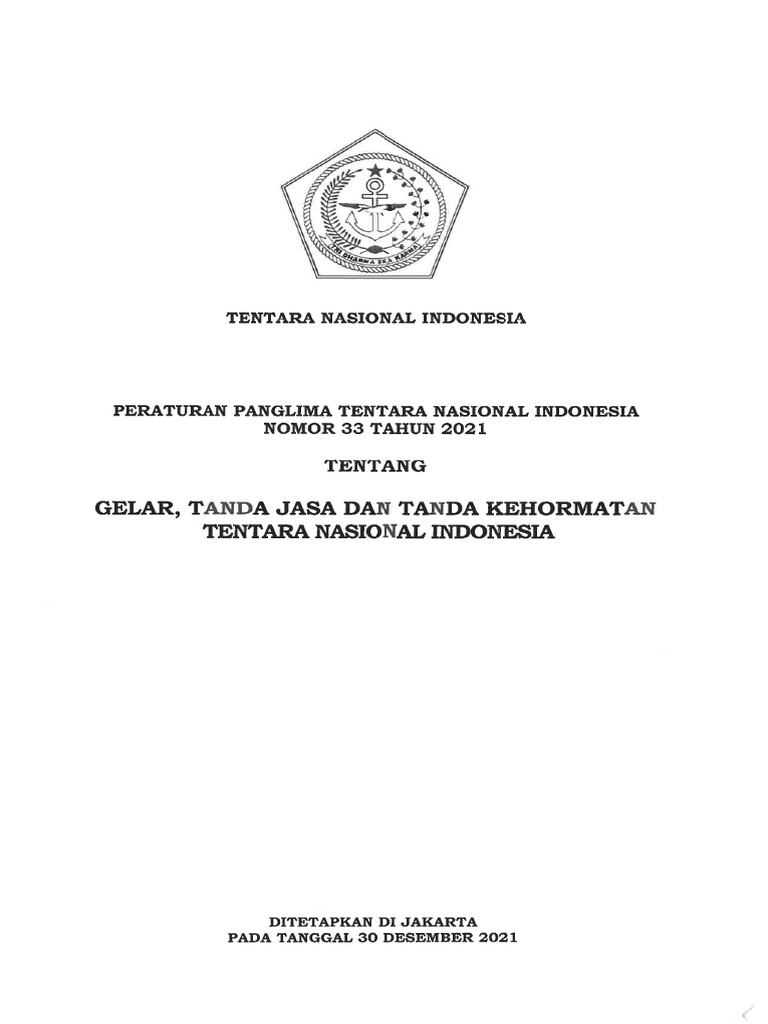 6.perpang Tni Nomor 33 Tahun 2021 Tentang Gelar Tansa Tahor Tni | PDF