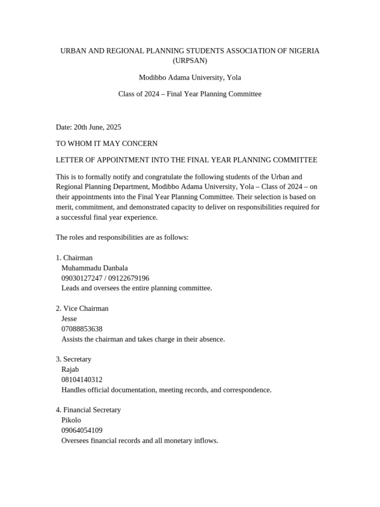 URPSAN Final Year Committee Appointment | PDF