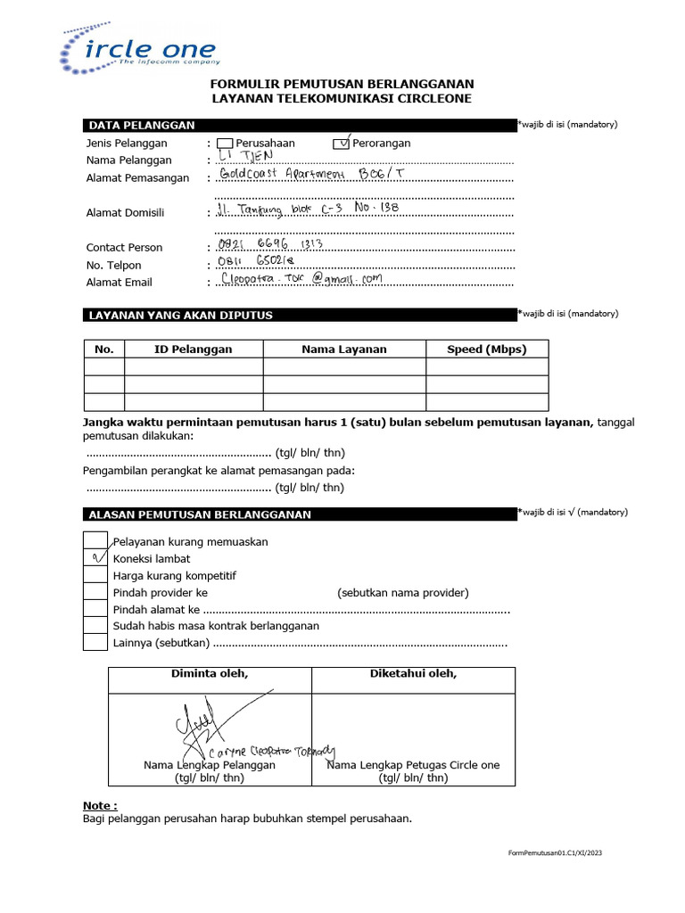 Form Permohonan Pemutusan Layanan - Circle One | PDF
