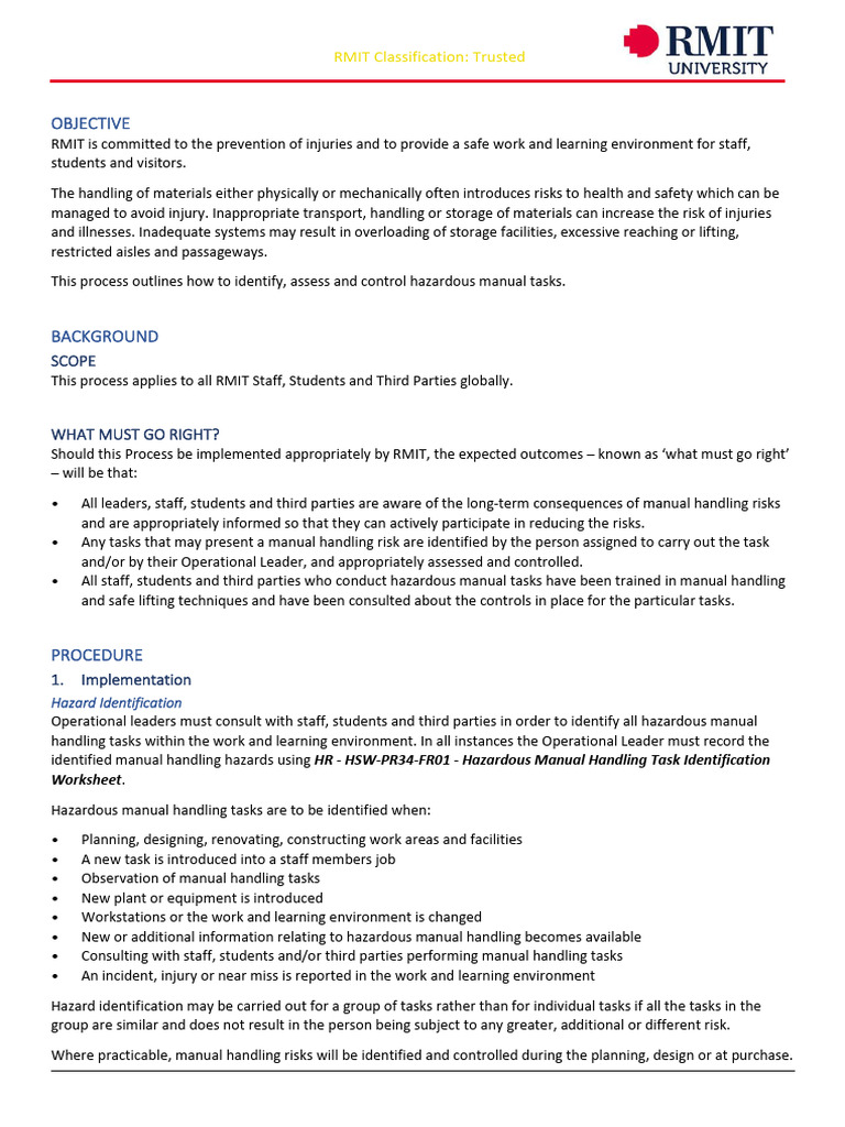 HR HSW PR34 Manual Handling | PDF | Risk | Occupational Safety And Health