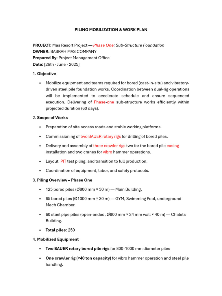 PILING MOBILIZATION PLAN & Work Plan (26th-June-2025) | PDF | Deep ...
