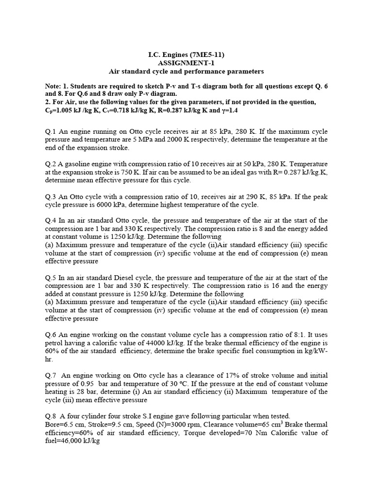 Assignment 1-ICE-Air STD Cycle & Performance Parameters | PDF | Diesel Engine | Engines