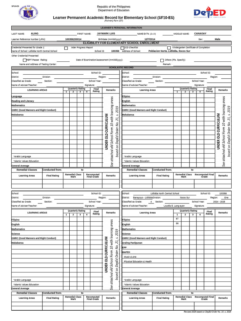 School Form 10 ES Learners Academic Permanent Record Grade4 032725 ...