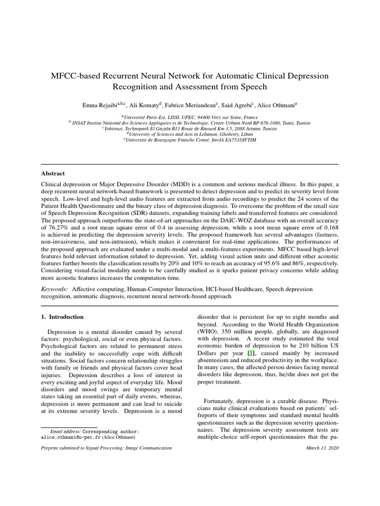 MFCC-based Recurrent Neural Network For Automatic Clinical Depression | PDF | Deep Learning ...