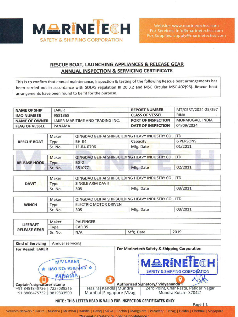 Rescue Boat Annual Inspection Certificate - Compressed | PDF