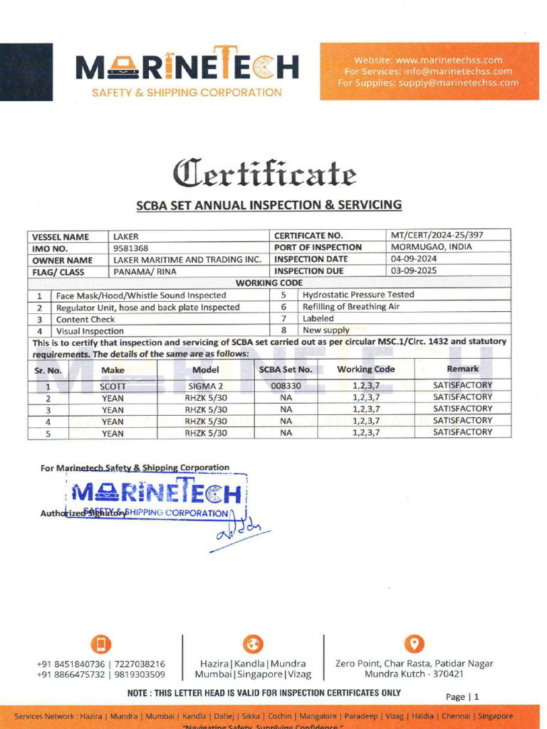 Scba Annual Inspection Certificate - Compressed | PDF