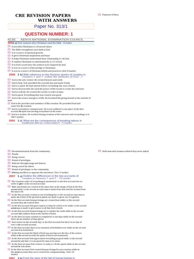 Topically Arranged CRE Revision Paper 1 and 2 Questions and Answers | PDF | Covenant (Biblical ...
