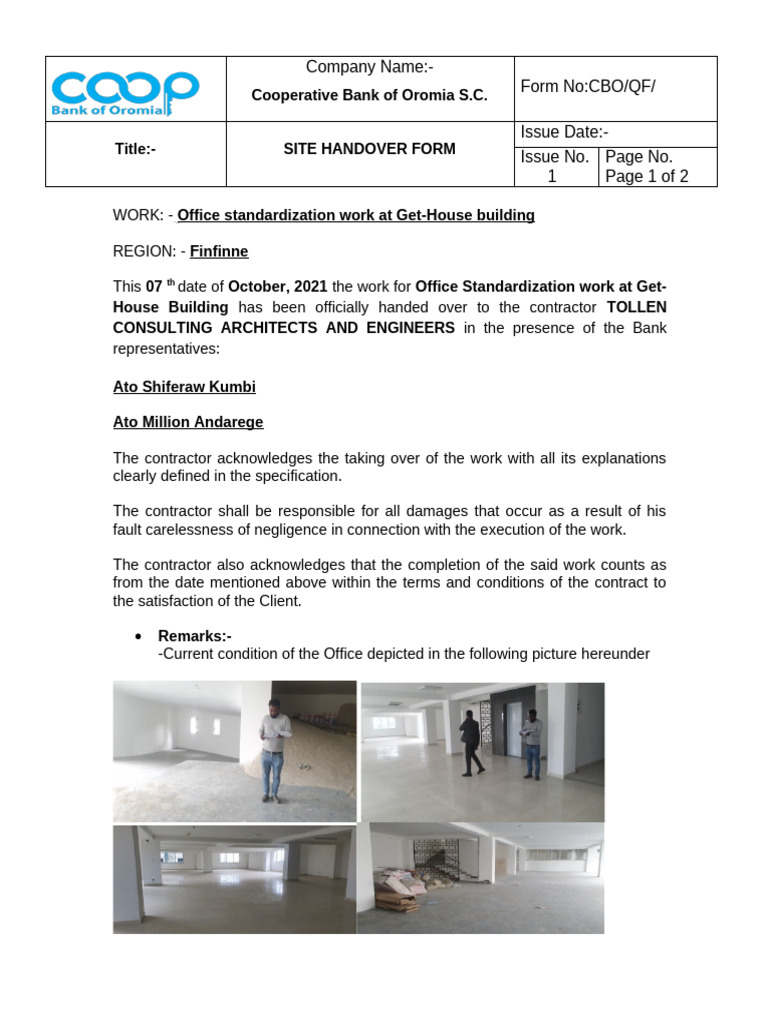 Site Handover Form for Office Work | PDF