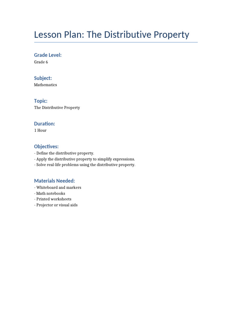 Distributive Property Lesson Plan | PDF