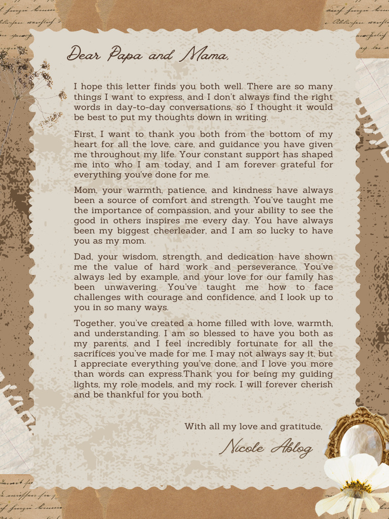 Heartfelt Letter of Gratitude to Parents | PDF