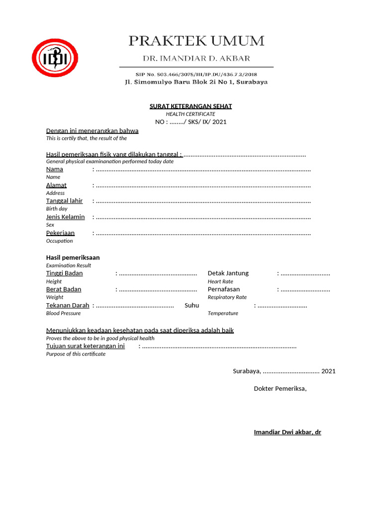 Master Surat Keterangan Sehat Tanpa TTD Edit | PDF