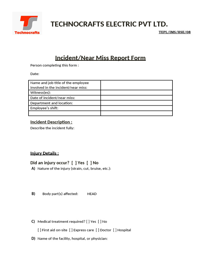 Incident Near Miss Report Form TEPL | PDF