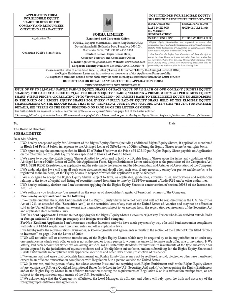 Sobha Limited Rights Issue Application Form | PDF | Securities (Finance ...