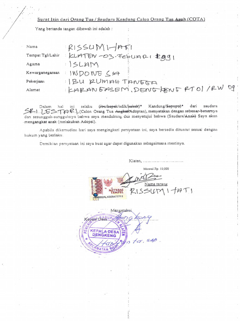 Pernyataan Keluarga COTA Istri | PDF