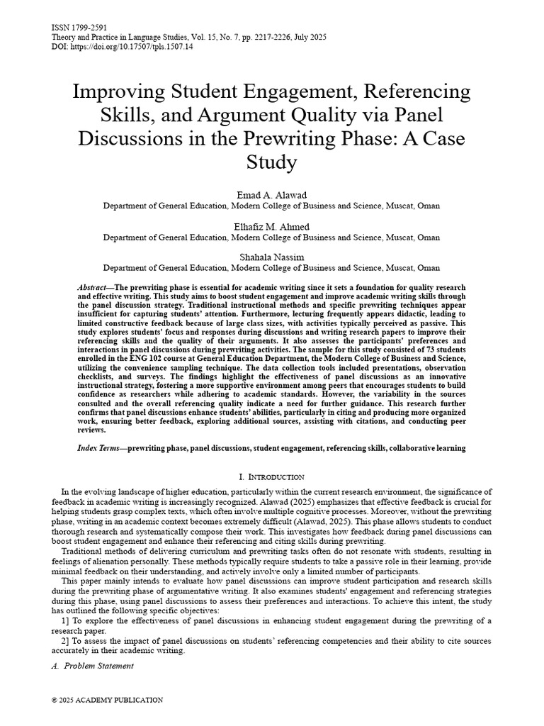 Improving Student Engagement, Referencing Skills, and Argument Quality Via Panel Discussions in ...