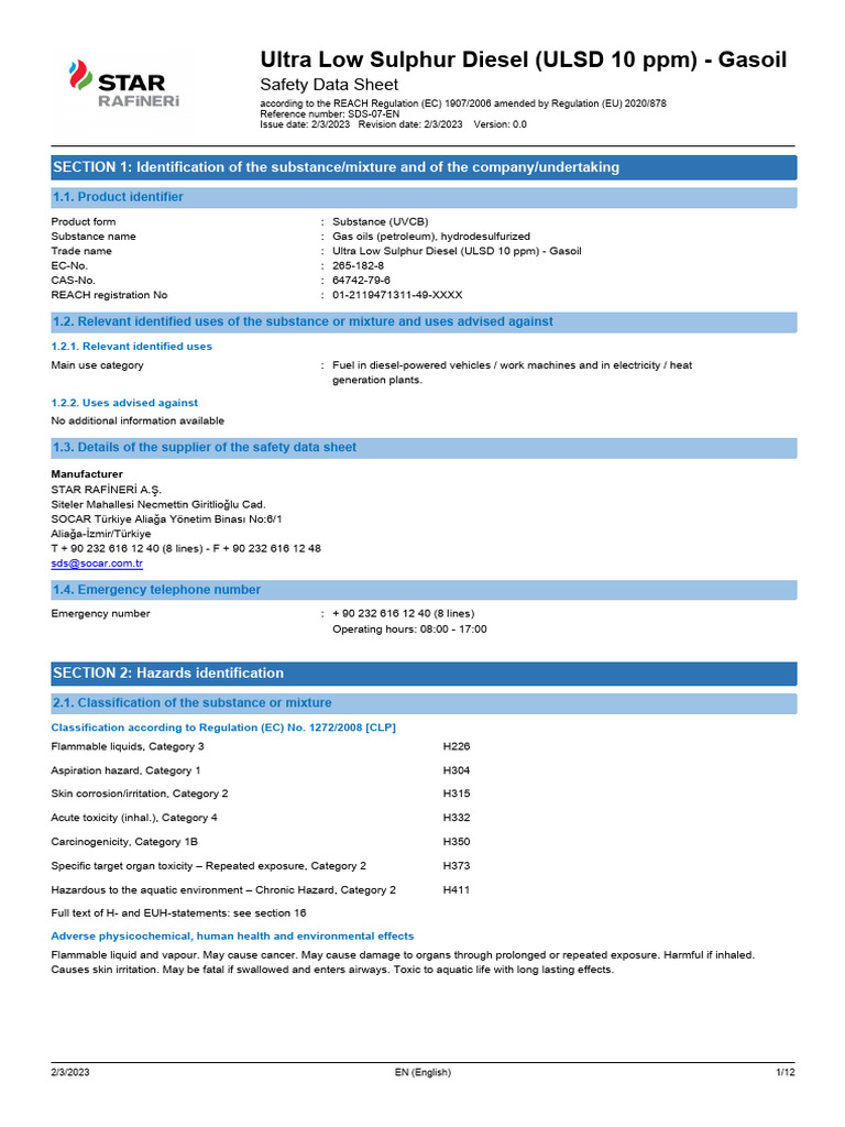 Sds en Ultra Low Sulphur Diesel Ulsd 10 Ppm Gasoil Safety Data Sheet | PDF | Toxicity ...
