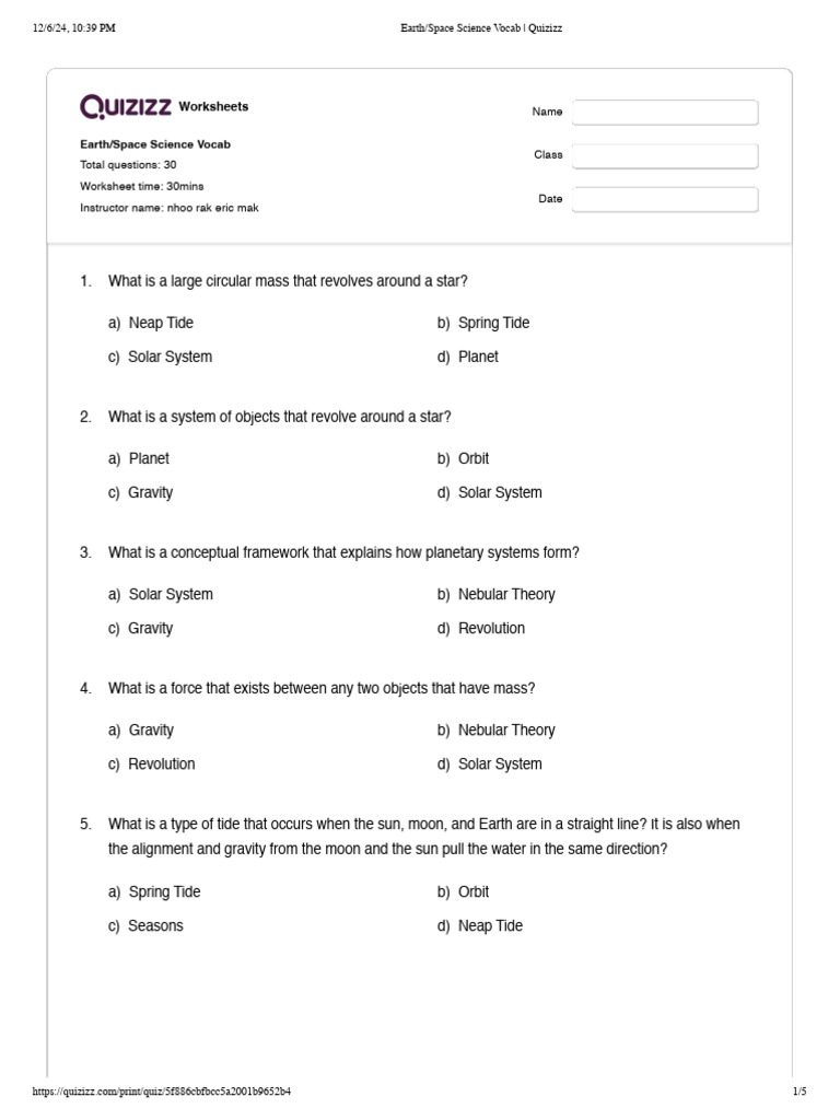Earth - Space Science Vocab - Quizizz | PDF | Moon | Solar System