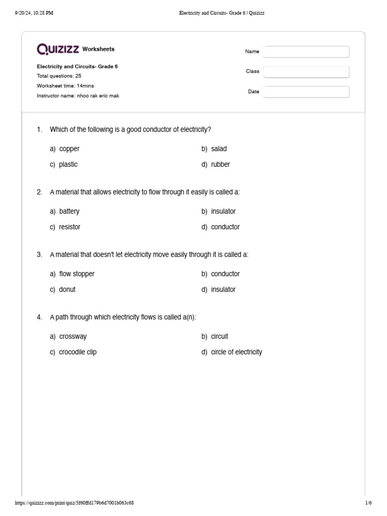 Grade 6 Electricity Worksheets | PDF | Electricity | Incandescent Light ...